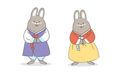 한복을 입은 토끼 일러스트 프리미엄 벡터