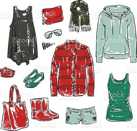 손으로 그린 된 벡터 여성 고립 된 액세서리와 현대 여성 패션 벡터 일러스트 레이 션 거리에 대한 스톡 벡터 아트 및 기타