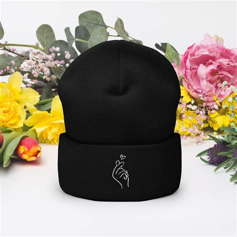 Embroidered Korean Finger Heart Beanie Kpop Inspired Winter Hat Etsy