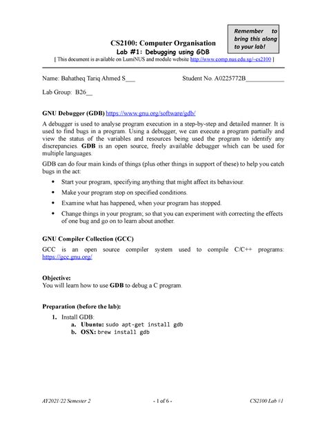 Lab1asdasdasdsdasf Dsffd Dfdfa Cs2100 Computer Organisation Lab 1