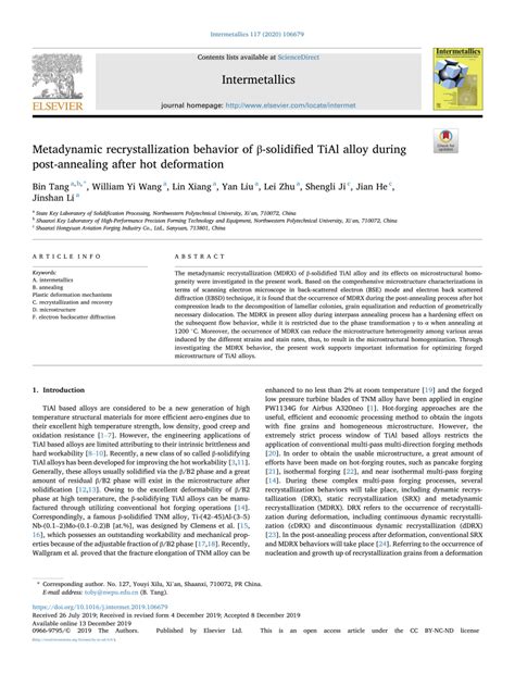 Pdf Metadynamic Recrystallization Behavior Of β Solidified Tial Alloy
