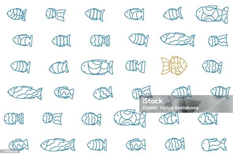 동일한 파란색 물고기의 반대 방향으로 수영 하는 하나의 금 독특한 물고기 용기 자신감 성공 창의성 개념 다른 생각 당신의 마음을 자유롭게 배경 이면의 원활한 패턴 개념에