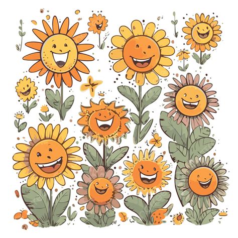 행복한 꽃 벡터 웃는 얼굴과 행복한 해바라기 만화로 그리는 스티커 클립 아트 해바라기 상표 클립 아트 Png 일러스트 및
