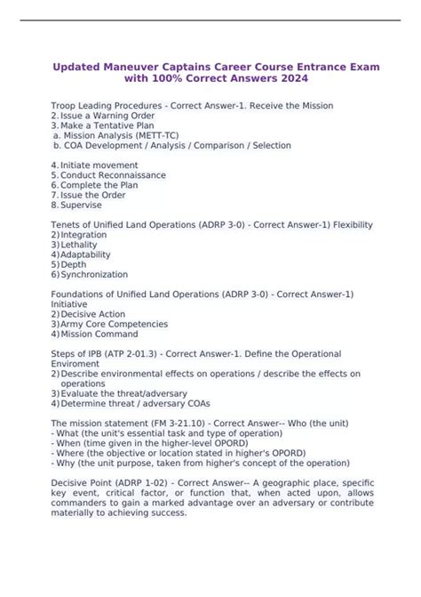 Updated Maneuver Captains Career Course Entrance Exam With 100 Correct Answers 2024 Maneuver