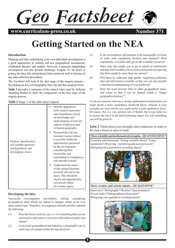 A Level Geography Intro To The Nea Teaching Resources