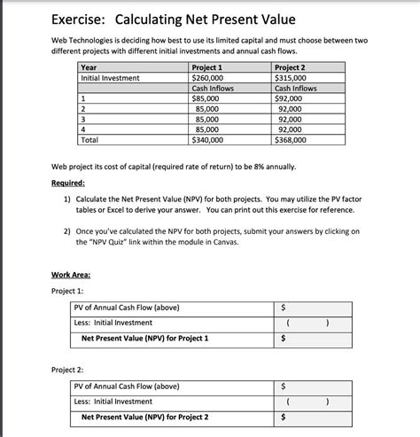 Solved Exercise Calculating Net Present Value Web