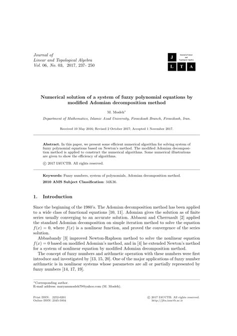 Pdf Solution Of Fuzzy Polynomial Equations By Modified Adomian