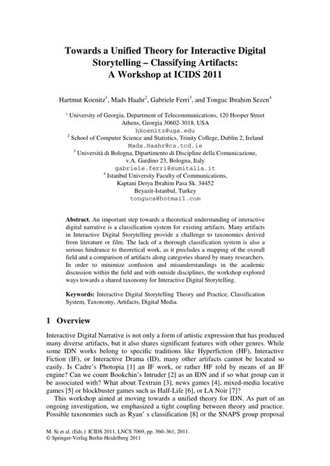 Pdf Towards A Unified Theory For Interactive Digital Storytelling Classifying Artifacts A