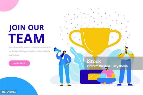 골드 트로피 컵 근처에서 인물 캐릭터가 함께 서 있습니다 우리의 팀 벡터 일러스트 레이 션 개념에 가입 하세요 경쟁에 대한 스톡 벡터 아트 및 기타 이미지 Istock