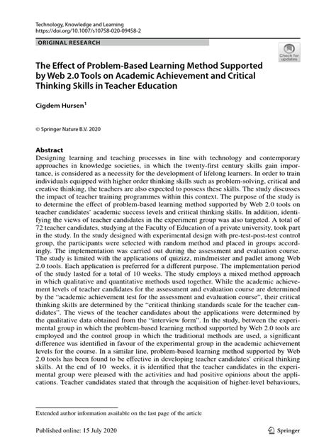 The Effect Of Problem Based Learning Method Supported By Web Pdf