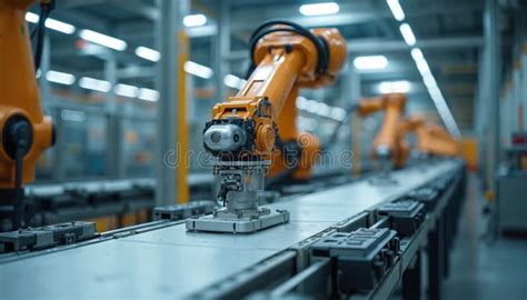 Inside Modern Manufacturing Facility Robotic Arms Work On Assembly Line Orange Industrial