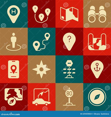 Set Compass Location With Anchor Folded Map Route Location Person Helicopter Landing Pad