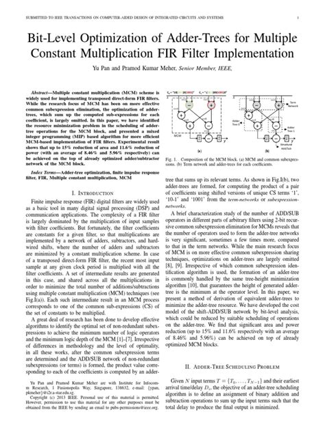 Pdf Bit Level Optimization Of Adder Trees For Multiple Constant Multiplication Fir Filter