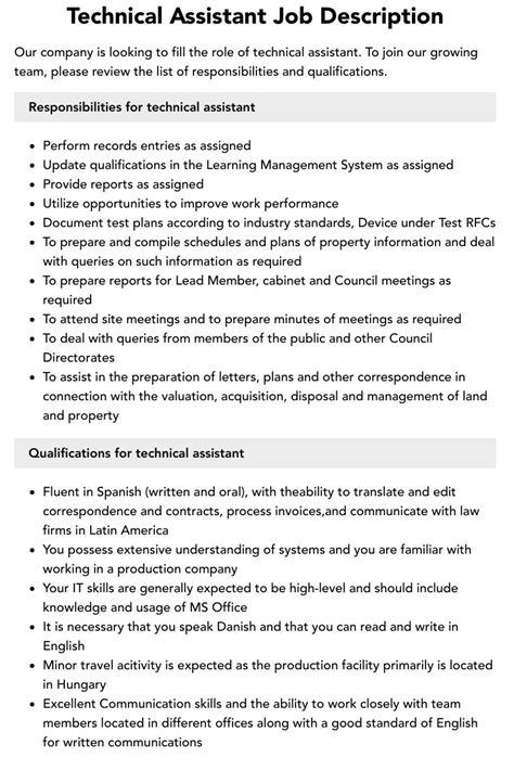 Technical Assistant Job Description Velvet Jobs
