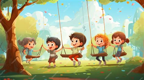 Una Caricatura De Niños Jugando En El Parque Con Una Rama De árbol Y Un Fondo De Cielo Vector