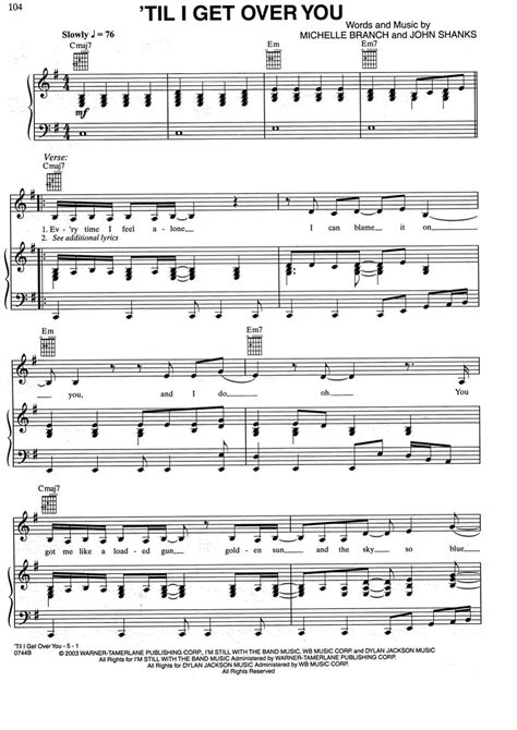 Michelle Branch Til I Get Over You 琴谱五线谱pdf 香港流行钢琴协会琴谱下载 ★