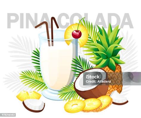 피나 콜라 다 칵테일 열 대 코코넛과 파인애플 칵테일입니다 음료 튜브 유리입니다 그린 팜 나뭇잎 벡터 일러스트 레이 션 회색 팜와 흰색 배경에 잎 0명에 대한 스톡 벡터