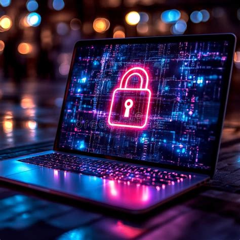 Modern Cybersecurity Laptop With Digital Lock And Data Visualization Stock Illustration