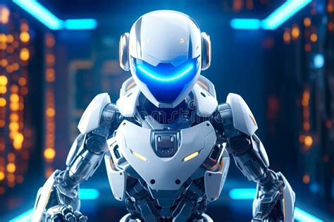 Friendly Space Robot With A Metal Body And Bright Light Up Eyes Stock