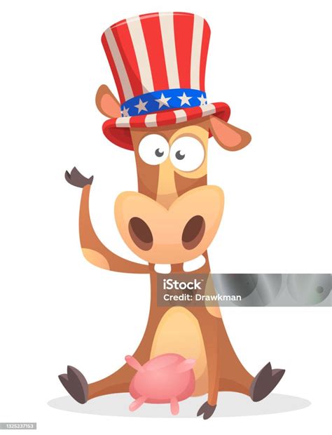 삼촌 샘 모자를 입고 소 앉아 재미있는 만화 미국 독립기념일의 국내 암소 캐릭터 디자인 인쇄 포스터 또는 초대를 위한 벡터 일러스트레이션 0명에 대한 스톡 벡터 아트 및