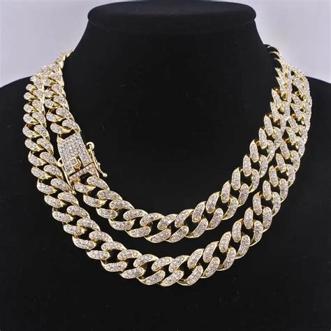 Heavy Mens Hip Hop Miami Cuban Link Chain Iced Out Bling Rapper Curb Rhinestone Golden Necklace