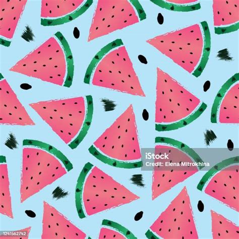 원활한 수박 배경입니다 씨앗과 육즙 수박의 삼각형 조각 디자인 및 웹에 대해 격리된 파란색 배경의 벡터 그림입니다 0명에 대한 스톡 벡터 아트 및 기타 이미지 Istock
