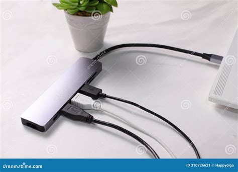 USB Hub With Cables Multi Plug Connection Lifestyle Stock Image Image Of Connection Port