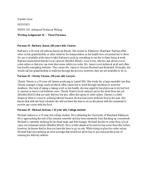 Writing Assignment 1 Three Personas Davette Jones 0829 Wrtg 393