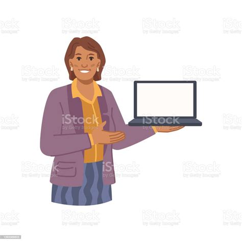 비즈니스 프리젠 테이션 제품의 주요 특징과 품질을 가리킨다 벡터 플랫 만화 캐릭터가 손에 노트북을 들고 모니터 또는 화면에 표시됩니다 레이디 제품 관리자 또는 상사 경영자에
