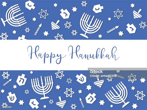 하누카 인사말 카드 메노라 드레이델 데이비드 스타 푸른 배경에 촛불을 가진 실루엣 장식이 있는 해피 하누카 글자 하누카에 대한 스톡 벡터 아트 및 기타 이미지 Istock
