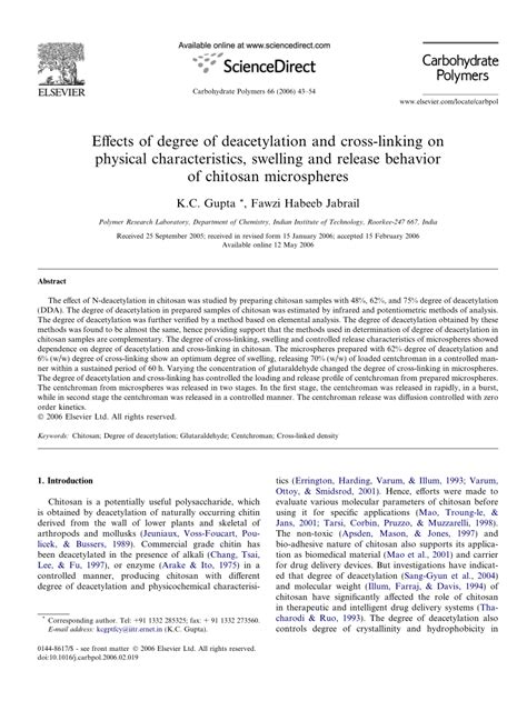 Pdf Effects Of Degree Of Deacetylation And Cross Linking On Physical Characteristics Swelling