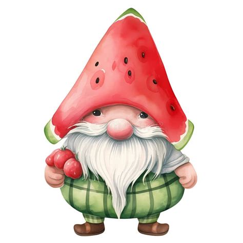 Cute Summer Gnome Watermelon Watercolor Clipart Illustration Ai