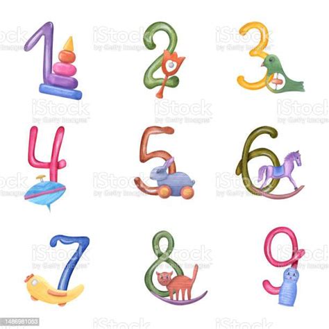 1에서 9까지의 숫자에 대한 수채화 그림은 흰색 배경에 분리된 어린이 나무 장난감입니다 파티 인사말 카드 축하 스티커 초대장 디자인을 위한 여러 가지 빛깔의 요소 0에 대한