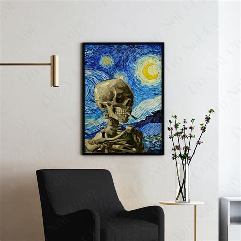 Vincent Van Gogh Starry Night And Smoking Skeleton Wall Art Poster Prints