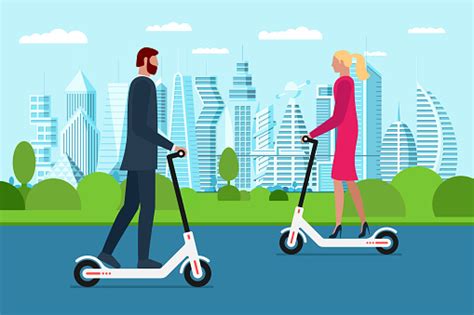 미래의 도시 공원에서 전기 스쿠터를 타고 힙스터 비즈니스 남자와 여자 마을에서 에코 전송 및 투어를 갖는 도시 거리 벡터 일러스트에 자유 시간을 보내고 전기 연료 및 전력