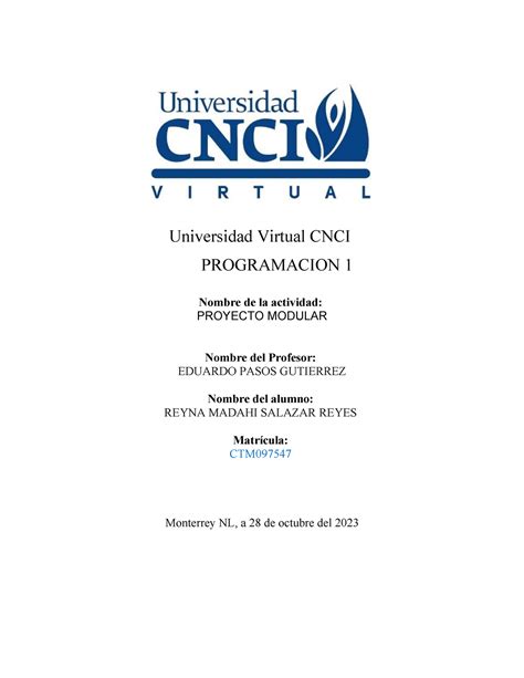 Proyecto Modular 1 Universidad Virtual Cnci Programacion 1 Nombre De La Actividad Proyecto