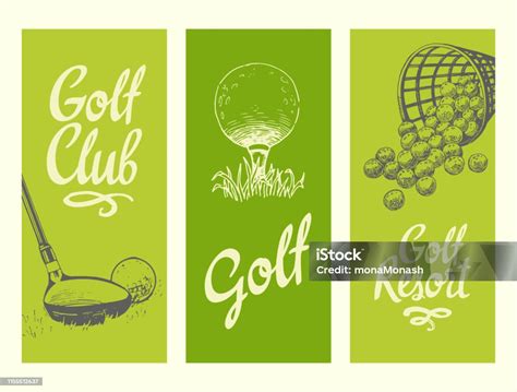 볼 Backet 클럽 골프 레이아웃 배너입니다 손으로 그린 스포츠 장비의 벡터 집합입니다 흰색 바탕에 스케치 스타일의 그림 디자인에 대 한 서 예 요소를 브러시 골프에 대한