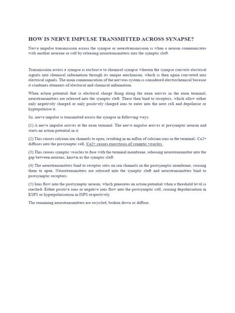 Nerve Impulse Transmission Across Synapse Pdf Chemical Synapse Inhibitory Postsynaptic