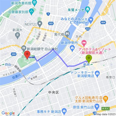 新潟駅から新潟県民会館へのルートマップ MDATA