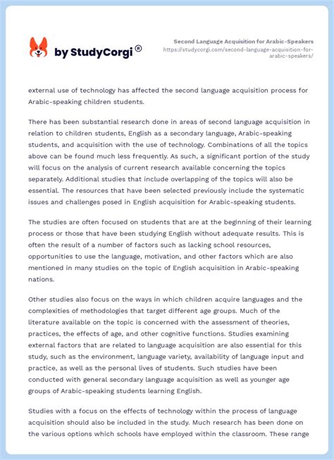 Second Language Acquisition For Arabic Speakers Free Essay Example