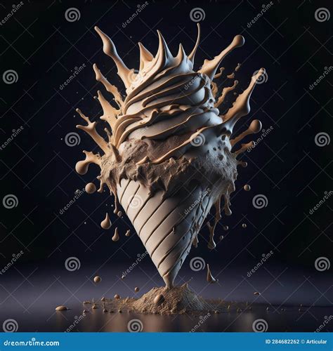 Delicious Splash Ice Cream Cone Design With Exploding And Liquify Chocolate Pieces Isolated