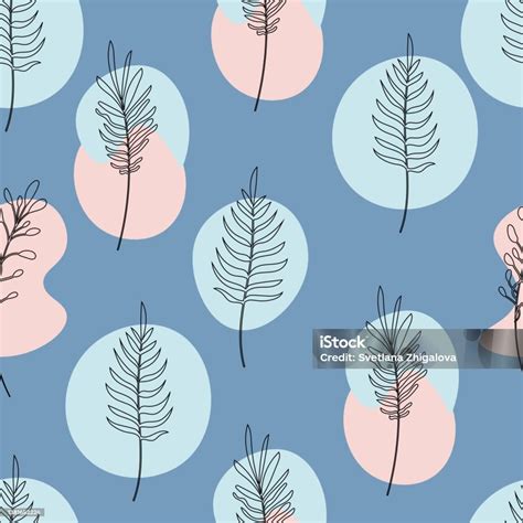 아름다운 봄 고사리 잎 열대 식물과 여름 식물 원활한 패턴 벡터 추상화 선형 그림 간단한 낙서 스타일 직물 인쇄 표지 포스터 배너 의류용 0명에 대한 스톡 벡터 아트 및