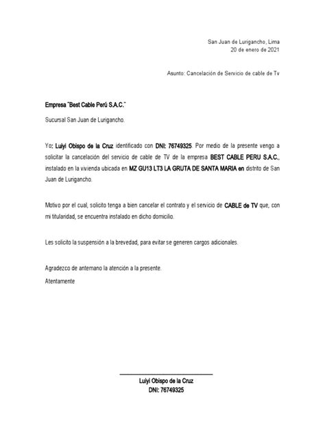 Ejemplo De Carta De Cancelación De Servicio Pdf