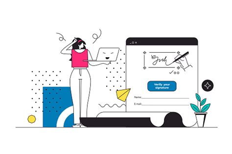 현대 플랫 라인 디자인의 전자 계약 개요 웹 개념 확인 신분증과 함께 온라인 서명을 위해 노트북에서 디지털 인증서와 문서를 받는
