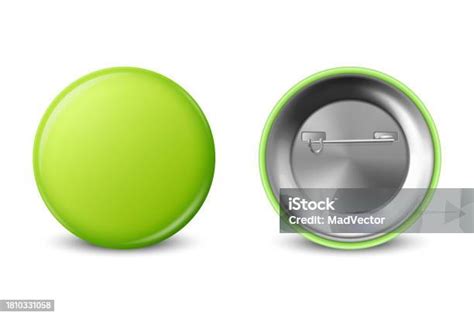 벡터 3d 현실적인 빈 녹색 라운드 버튼 배지 세트 근접 촬영 흰색 배경에 고립되어 있습니다 버튼 배지 플라스틱 또는 금속 Id 배지 디자인 템플릿 모형 앞 View 3차원