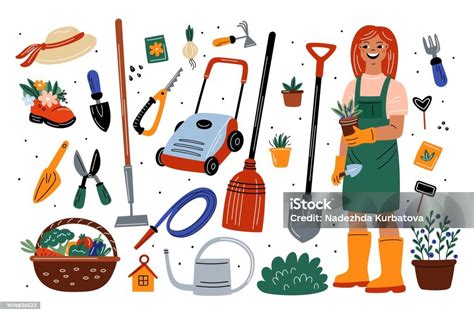 원예 도구 다른 식물 관리 품목을 가진 정원사 잔디 깎는 기계 삽 또는 갈퀴 야채와 재고가있는 바구니 꽃을 심는 귀여운 소녀 물뿌리개 화려한 벡터 세트 잔디 깎는 기계에