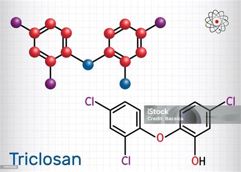트리클로산 분자 항균 항균 항진균 활성을 가진 폴리 클로로 페녹시 페놀입니다 케이지에 있는 종이 시트 구조적 화학 식 및 분자