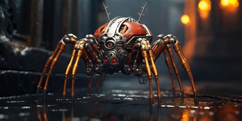 Premium Ai Image Photograph Of A Pearlescent Orange Red Spider Mecha Robot With Metallic Armor