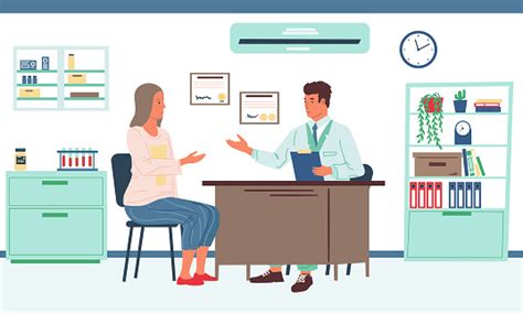 환자 상담 의사 약속 및 검사 만화 방문 의사 또는 심리학자 의료 진료 현장 전문 사무실 인테리어 직업 벡터 플랫 일러스트 의사에 대한 스톡 벡터 아트 및 기타 이미지