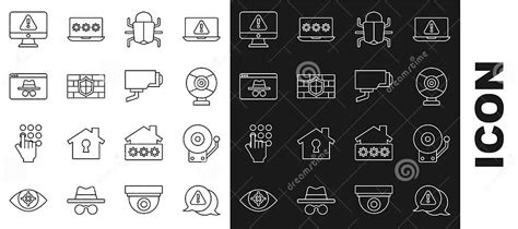 Set Line Exclamation Mark In Triangle Ringing Alarm Bell Security Camera System Bug Shield